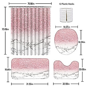 juwute 4 Pcs Pink Shower Curtain Set Marble Bathroom Shower Curtain Sets with Rugs and Accessories,Shiny Toilet Lid Cover Bath Mat and Flash Contour Mat Sets,12 Hooks,Polyester,Waterproof