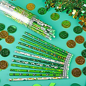 ADXCO 36 Pieces St Patrick's Day Pencils Green Shamrock Pencils with Erasers and Pencil Bucket Irish Pencils for St. Patrick's Party Favors Supplies, School, Classroom, 12 Styles
