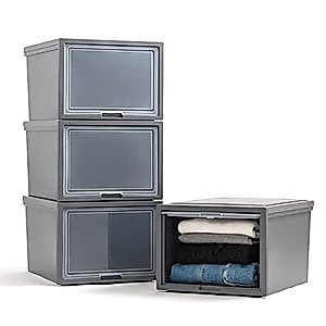 IRIS USA 42 Qt. Stackable Storage System for Clothes, Large, 4 Pack, Plastic Dresser Chest with Flip-Up Door, Great for Closet, Home, Office, Bedroom and Nursery, Dark Gray