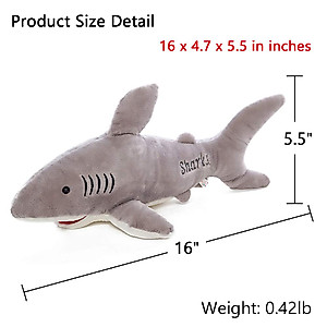 VSFNDB Stuffed Shark Animal Plush Toy 16 Inch Long Great White Animal Stuffed Plushies Super Soft Cute Cuddly Pillow Cushion Stuff Dolls Gifts for Children Kids Boys Girls Room Decor Bedtime, 16Inches