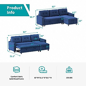 BALUS Sleeper Sofa, Futon Sofa Bed, Pull Out Sleeper Reversible Sectional Couch, Storage Chaise & Couch Bed, L Shape Couch Velvet Sleeper Sofa with Nailheads for Living Room - Beige