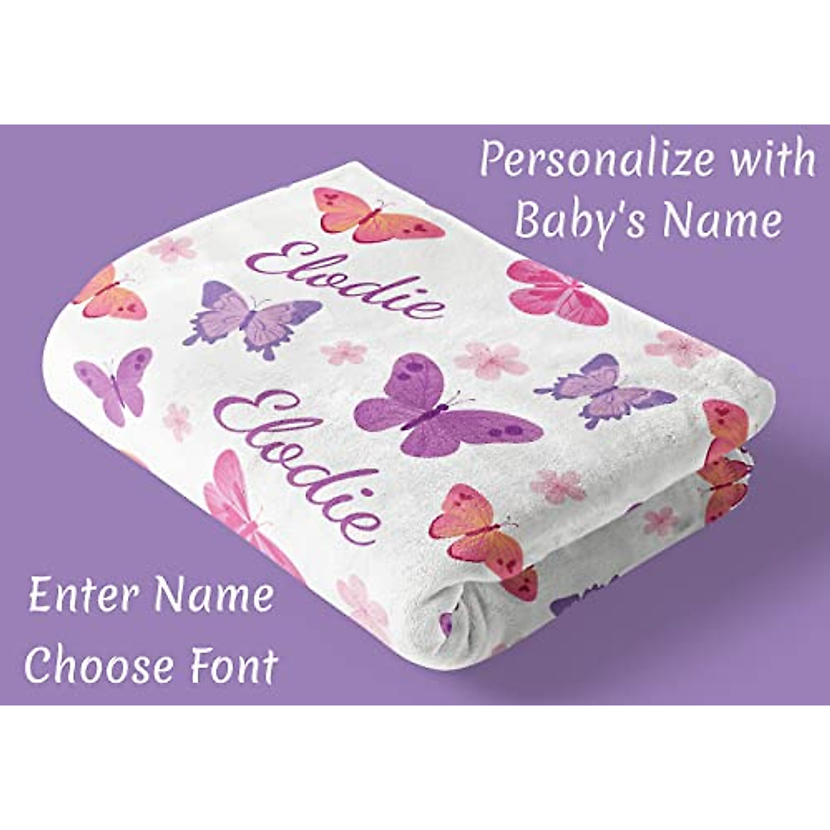 Personalized Baby Blankets for Girls with Name and Purple Butterflies - Customized Blankets for Baby Shower, Birthday, Christmas - Personalized Baby Gifts for Newborn, Infant, Toddler, Kid