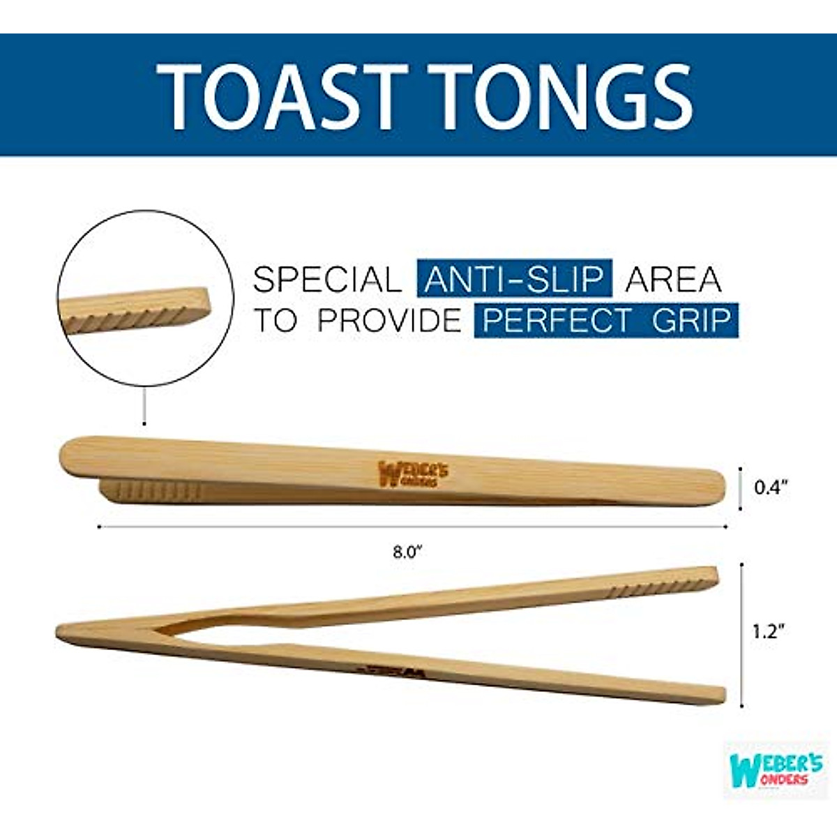 Weber's Wonders Set Of 2 Reusable Bamboo Toast Tongs - Wooden Toaster Tongs For Cooking & Holding - 8 Inch Long - Ideal Kitchen Utensil For Cheese Bacon Muffin Fruits Bread - Ultra Grip - Eco-friendly