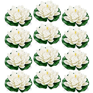 Artificial Floating Lotus Flowers, with Water Lily Pad Decoration, 12Pcs Ivory White Plastic Foam Lotus for Pond Pool Floating Decoration Home Garden Wedding Party Holiday Decor
