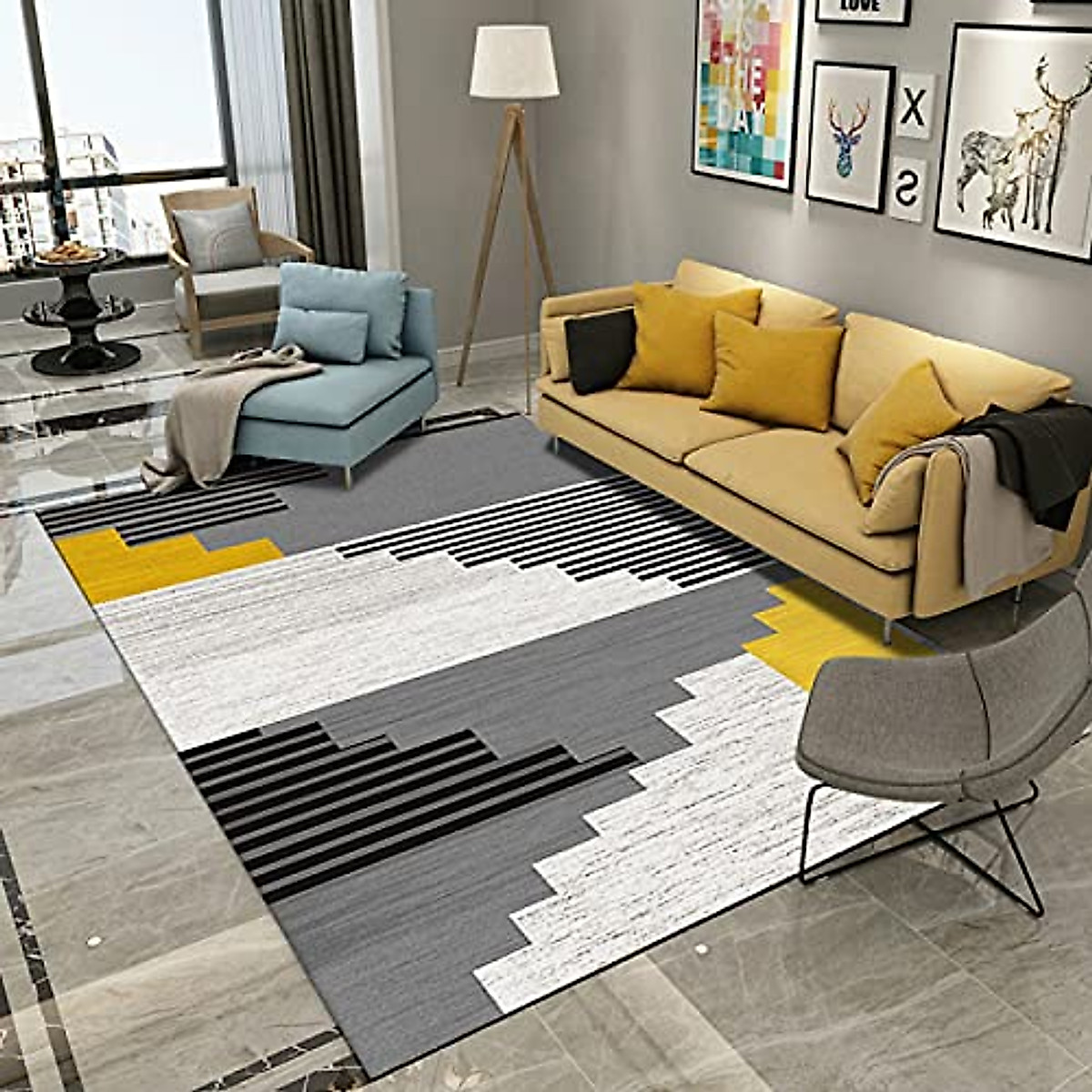 Area Rug for Bedroom, 8 x 10 Feet Indoor Soft Fluffy Large Carpet with Low Shaggy for Bedroom Dining Room Home Office Decor Under Kitchen Table Washable Yellow Black Gray Geometric Stripes