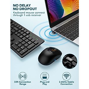 Wireless Keyboard and Mouse, WisFox USB Computer Keyboard with Silent Keys, Long Battery Life, 2.4GHz Full-Size Lag-Free Cordless Combo for PC Laptops Windows Mac Chrome OS (Black)