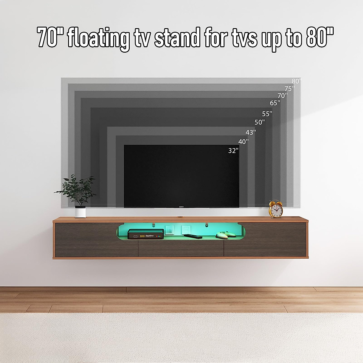 Pmnianhua Floating TV Stand with LED Lights,70'' Wall Mounted TV Cabinet Floating Under TV Shelf Media Console Entertainment Center with Storage Living Room Playroom Bedroom(Walnut)