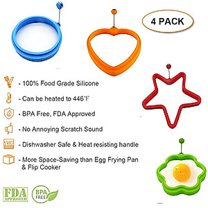 Egg Ring, Yubng Egg Cooking Rings, Round Pancake Mold, Silicone Ring for Eggs, 4 Pack Reusable Fried Egg Mold with an Oil Brush (multi-shapes)