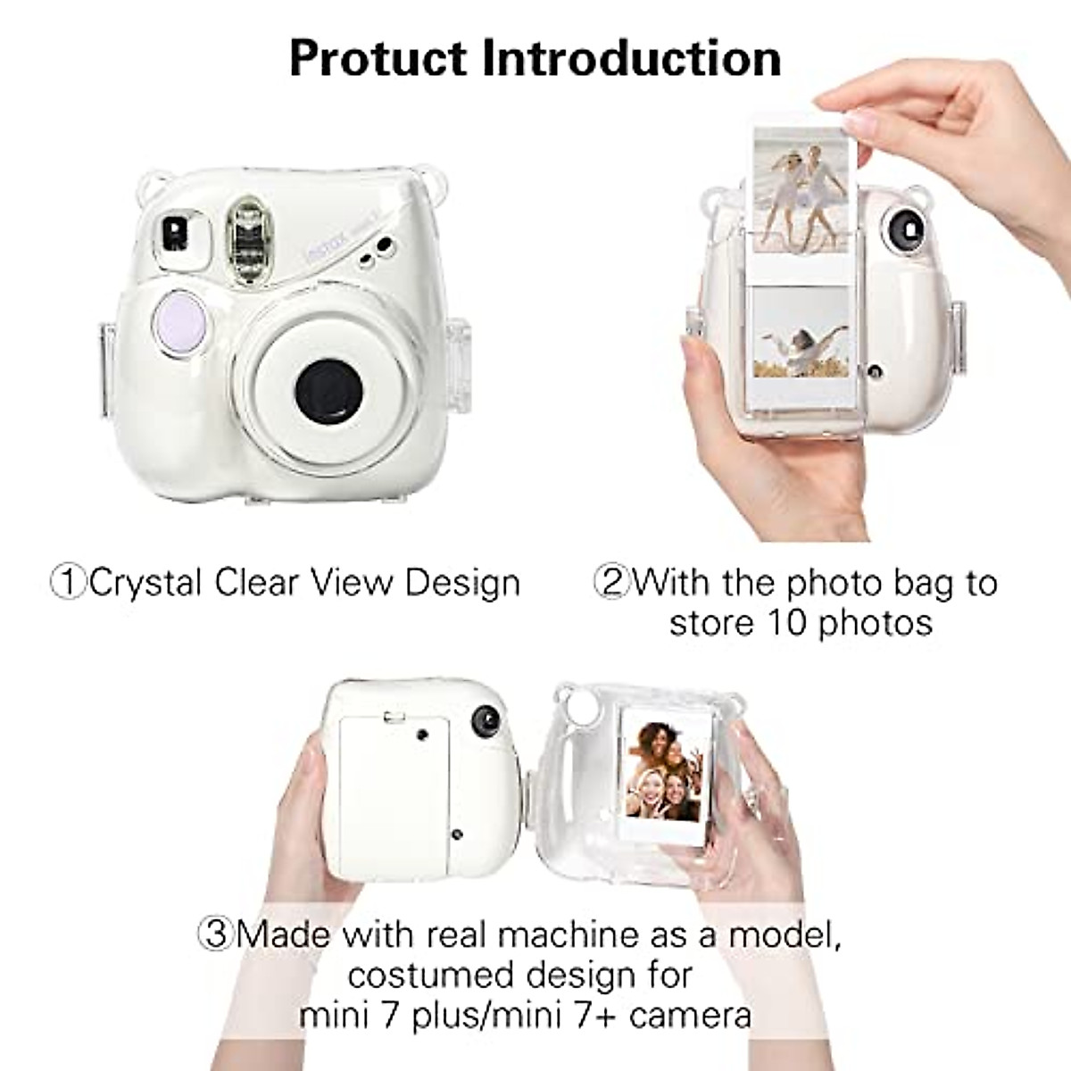 MUZIRI KINOKOO Instax Mini 7+ case, Camera Case for Fuji Instax Mini 7 Plus/Mini 7 + Instant Camera Clear Case with Shoulder Strap and Photo Pocket