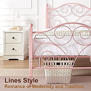 VECELO Twin Size Metal Bed Frame with Headboard and Footboard, Heavy Duty Steel Slat Support, Platform Mattress Foundation, No Box Spring Needed, Easy Assembly, Pink