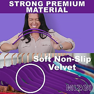 MIZGI Premium Velvet Hangers (50 Pack) Heavy Duty - Non Slip Felt Hangers - Velvet Suit Hangers Dark Purple - Rose Gold Hooks,Space Saving Clothes Hangers