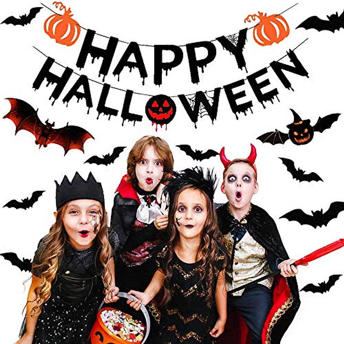 JOLLY SWEETS Happy Halloween Banner Set with Scary Bat Stickers 28Pcs, Pumpkin Sign Designed with Ghost, with Scary 3D Bat Wall Stickers, Halloween Decorations, Halloween Party Supplies