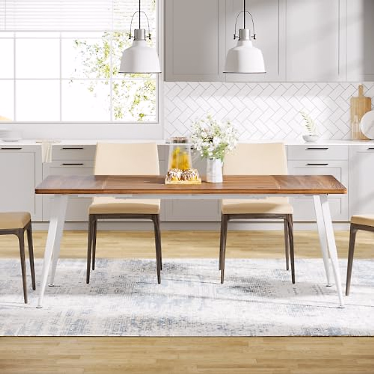 Tribesigns 70.9 Inch Large Dining Table for 6 to 8, Industrial Kitchen Table Furniture with Metal Legs, Modern Faux Wood Rectangular Dinner Table for Dining Room, Rustic Brown/White