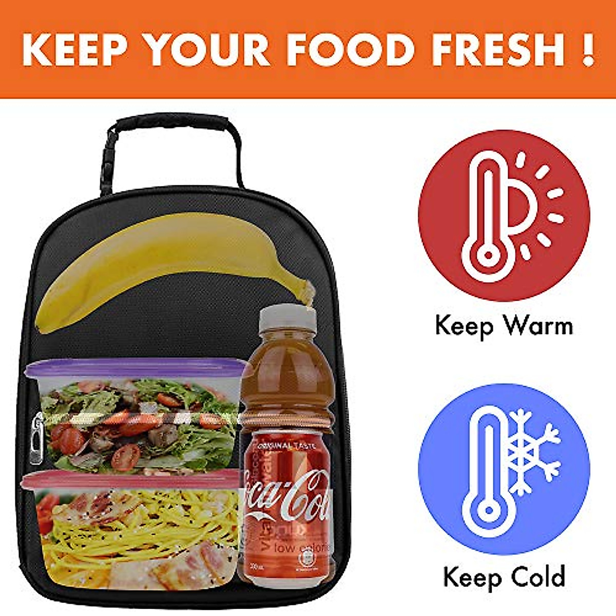 opux Premium Insulated Lunch Box for Boys, Girls | Durable Leakproof School Lunch Bag with Handle Clip, Mesh Pocket | Reusable Work Lunch Pail Cooler for Adult, Men, Women | Fits 14 Soda Cans (Black)