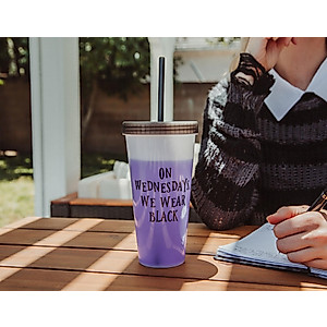 Wednesday "We Wear Black" Color-Changing Plastic Travel Tumbler | Includes Reusable Straw, Leak-Resistant Lid | Holds 24 Ounces