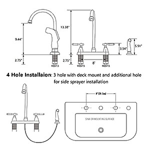 SHACO Stainless Steel Kitchen Faucet with Side Sprayer, Brushed Nickel Faucet for Kitchen Sinks 3 Hole or 4 Hole, 2 Handle High Arc RV Kitchen Faucet with Pull Out Sprayer