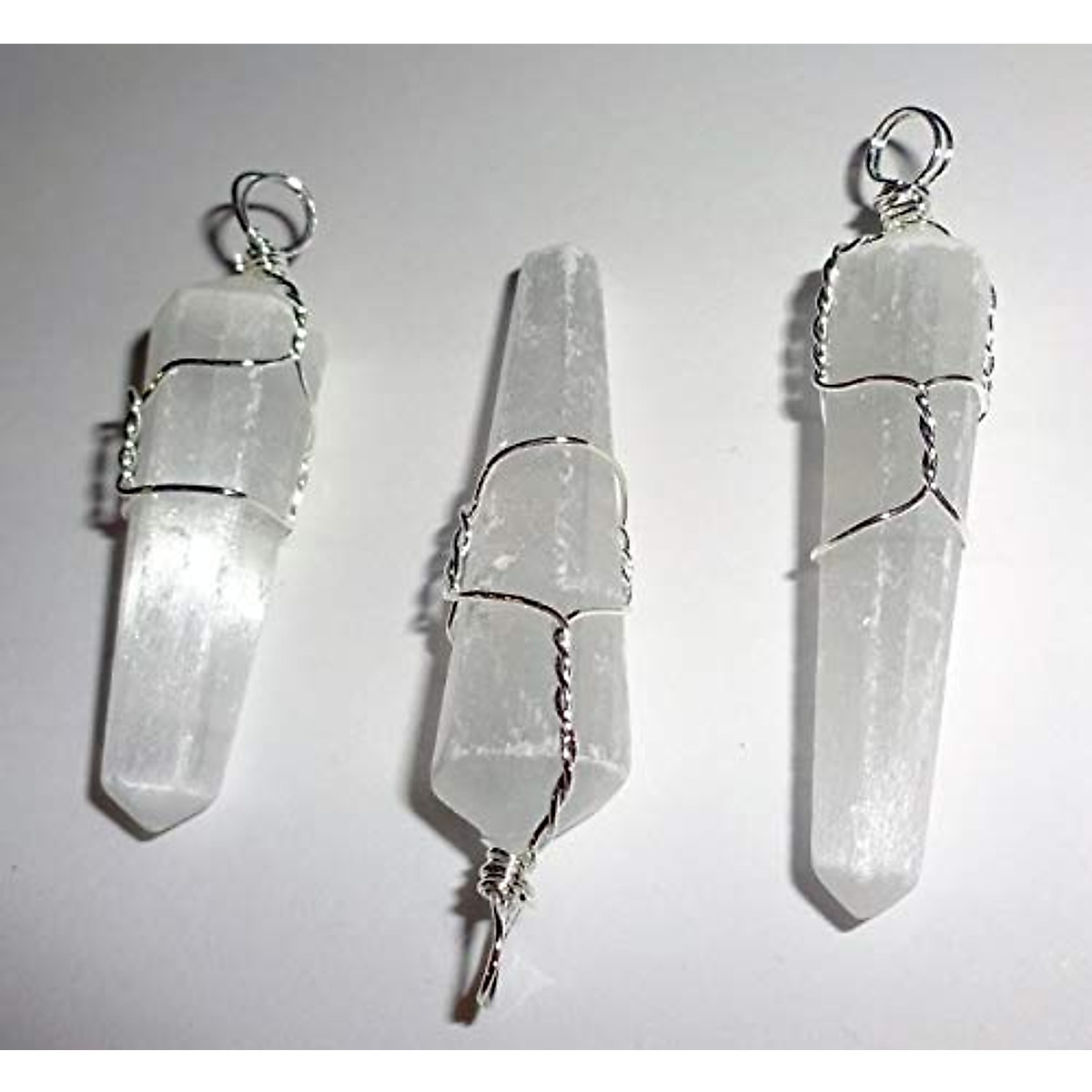 ( Sublime Gifts ) Selenite Point Cleansing Crystal Healing Cut wire wrapped Point Pendant with Metal Bail