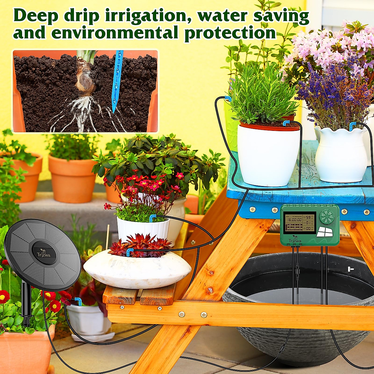 Solar Irrigation System with Automatic DIY Water Timer TRJZWA 2024 Latest Drip Irrigation System Kit for Garden,Balcony,Greenhouse,Garden Watering System Supports 15 Potted Plants with 15 Meter Hose