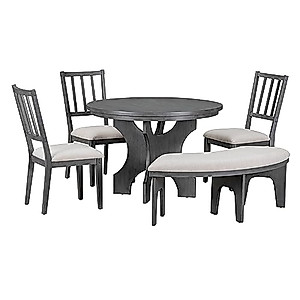 UBGO 5-Piece, Kitchen Room Sets with 44" Round Table and 3 Upholstered Dining Chairs & a Curved Bench,for 4-5 People (Grey)