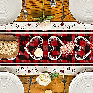 Artoid Mode Buffalo Plaid Love Hearts Mother's Day Table Runner, Seasonal Kitchen Dining Table Decoration for Indoor Home Party 13x72 Inch