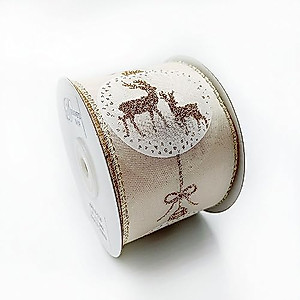 Designer’s Shop Holiday Reindeer Ornaments Wired Edge Ribbon 2.5” x 10 Yard for DIY Crafting, Home Décor WR 63-5139 (Gold)