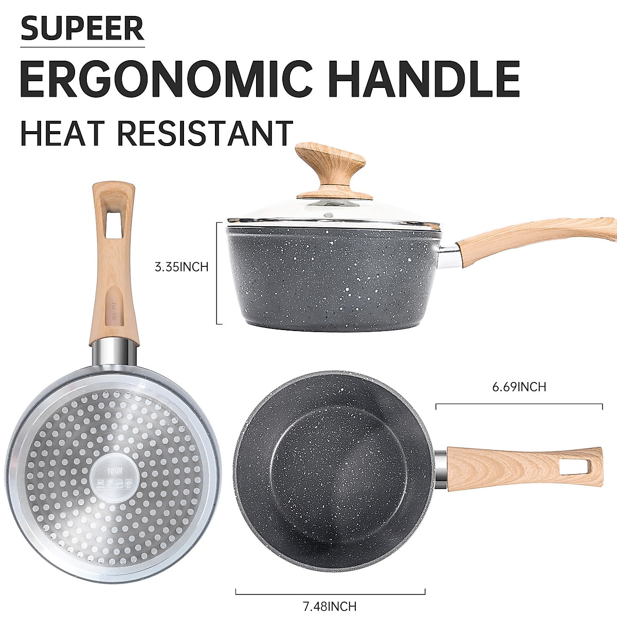 SUPEER 2-Quart Pot with Glass Lid&Wooden Handle,Soup Pan Milk Pan,Non-Stick Cookware for Electric,Induction and Gas Stoves.PFOA Free,Dark Gray