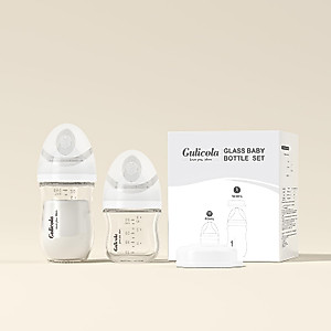 Gulicola Natural Glass Baby Bottle Newborn Set, 3 oz and 5 oz with Extra Slow Flow & Slow Flow Nipple, Anti Colic, 0-3 Months, 2 Pack - White