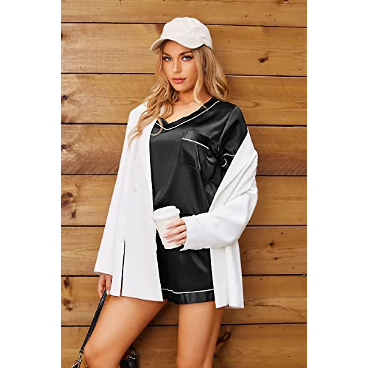 Ekouaer Satin Pajama Set Women Short Sleeve Silk Pajama Set 2 Piece Lightweight Lounge Sets with Pants Black Large