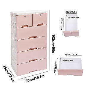 Knwigoe 5 Tier Dresser with 6 Drawers Plastic Closet Drawers Tall Chest Storage Cabinet Clothes Storage Organizer with Wheels & Locks for Bedroom Living Room (19.7x13.8x40inch) (Pink)