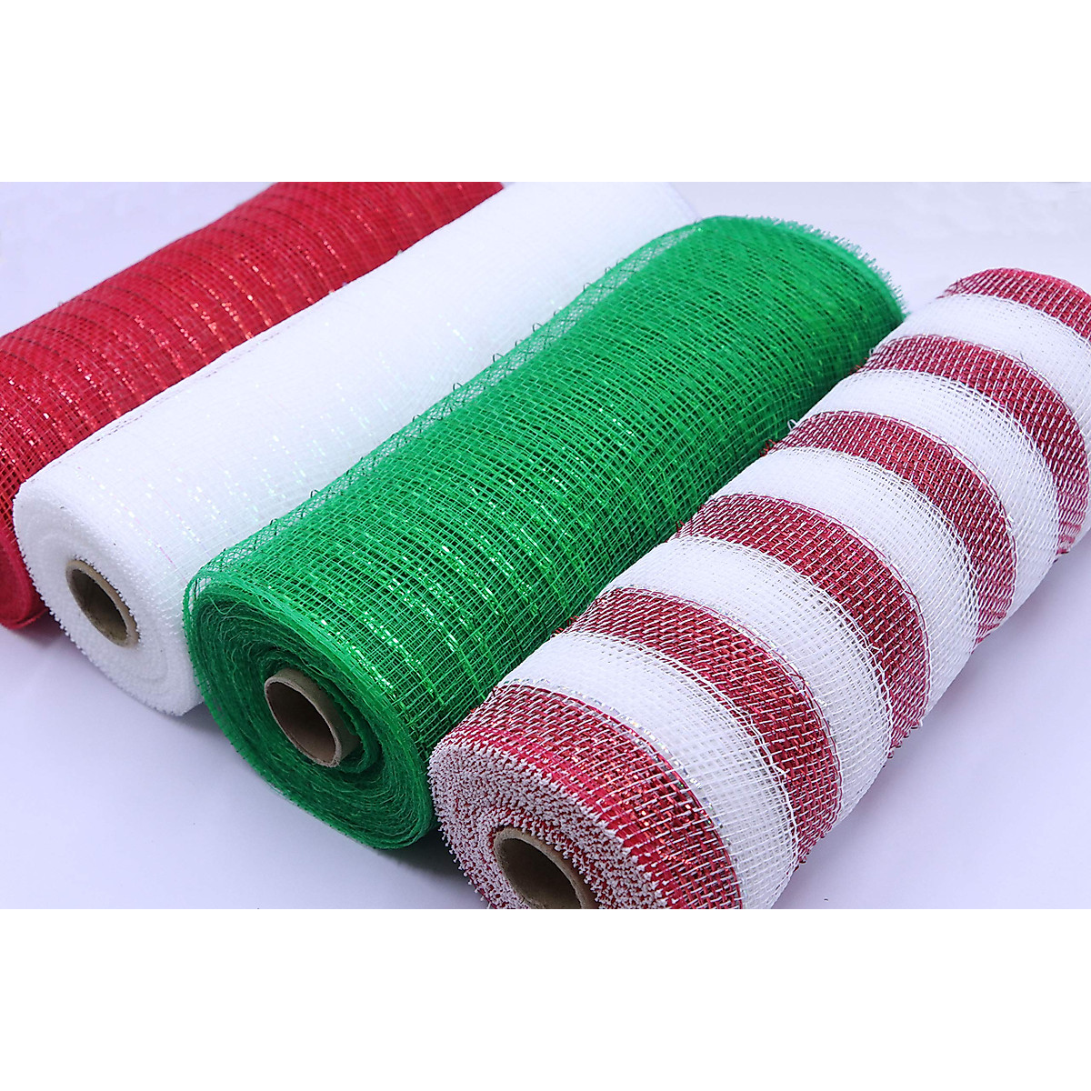10 inch x 30 feet Each Roll-YYCRAFT Christmas Decorative Metallic Foil Poly Mesh-4 Rolls for Crafting Wire Wreath Making Craft(Red, White, Emerald Green, Red/White)
