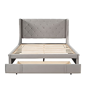 HBRR Queen Size Platform Bed Frame with Wingback Headboard and a Big Drawer, Velvet Upholstered Storage Bed, Wooden Slats Support, No Box Spring Needed, Easy to Assemble, Gray