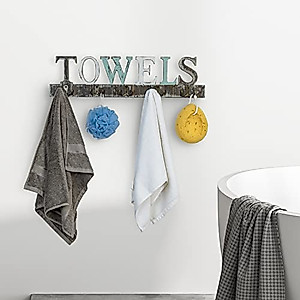 MyGift Wall Mounted Rustic Multicolored Solid Wood Towel Rack with 5 Dual Hooks and Decorative Towel Cutout Design, Wall Hanging Bathroom, Kitchen Laundry Room Hand Towel Hooks