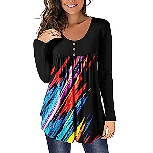 BeadChica Women's Casual Tunic Tops To Wear With Leggings Long Sleeve Floral Henley Blouses Botton Up Shirts-Print-S Black Color