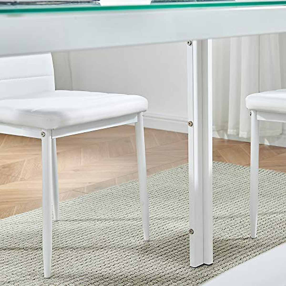 IDS Online Deluxe Glass Dining Table Set 7 Pieces Modern Design With Faux Leather Chair Elegant Style Anti Dirt, White