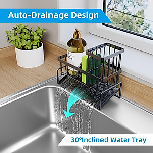 Sponge Holder for Kitchen Sink - Rustproof Sink Caddy with Brush Holder, Self-Drainage Kitchen Sink Organizers and Storage Dish Soap Dispenser Home Essentials Organization Accessories, Black