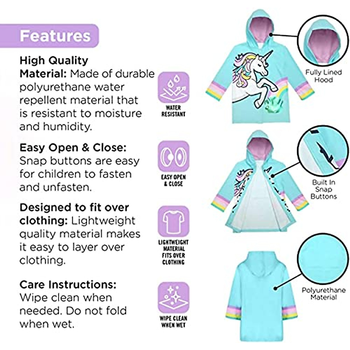 Girls Rain Jacket & Kids Umbrella Set - Toddler Umbrellas for Rain - Kids Raincoat for Boys and Girls Rain Coat for 5-7 (Unicorn Design)