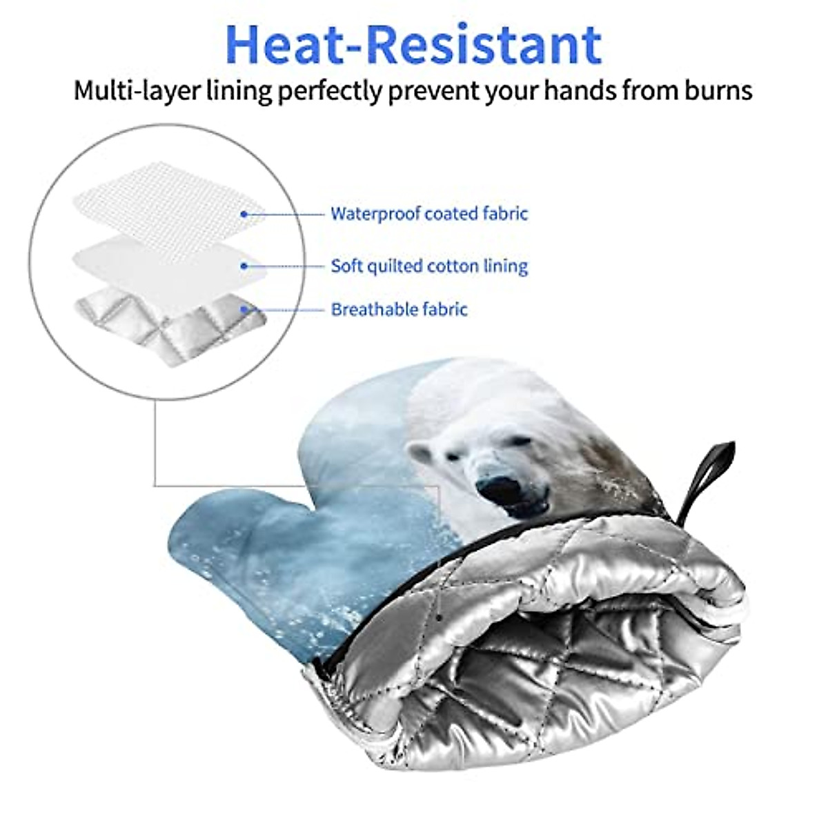 Cool Animal White Polar Bear Printed Oven Mitts Heat Resistant Non-Slip Waterproof Oven Gloves for Grilling BBQ Cooking Baking Kitchen Microwave Pizza