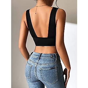 WDIRARA Women's Deep V Neck Sleeveless Crop Tank Top Sexy Backless Tops Black Petite M