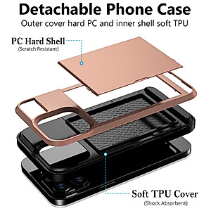 Vofolen for iPhone 14 Pro Max Case Wallet Credit Card Holder ID Slot Sliding Door Hidden Pocket Women Anti-Scratch Dual Layer Hybrid Bumper Armor Protective Shell Cover 6.7 inch Rose Gold