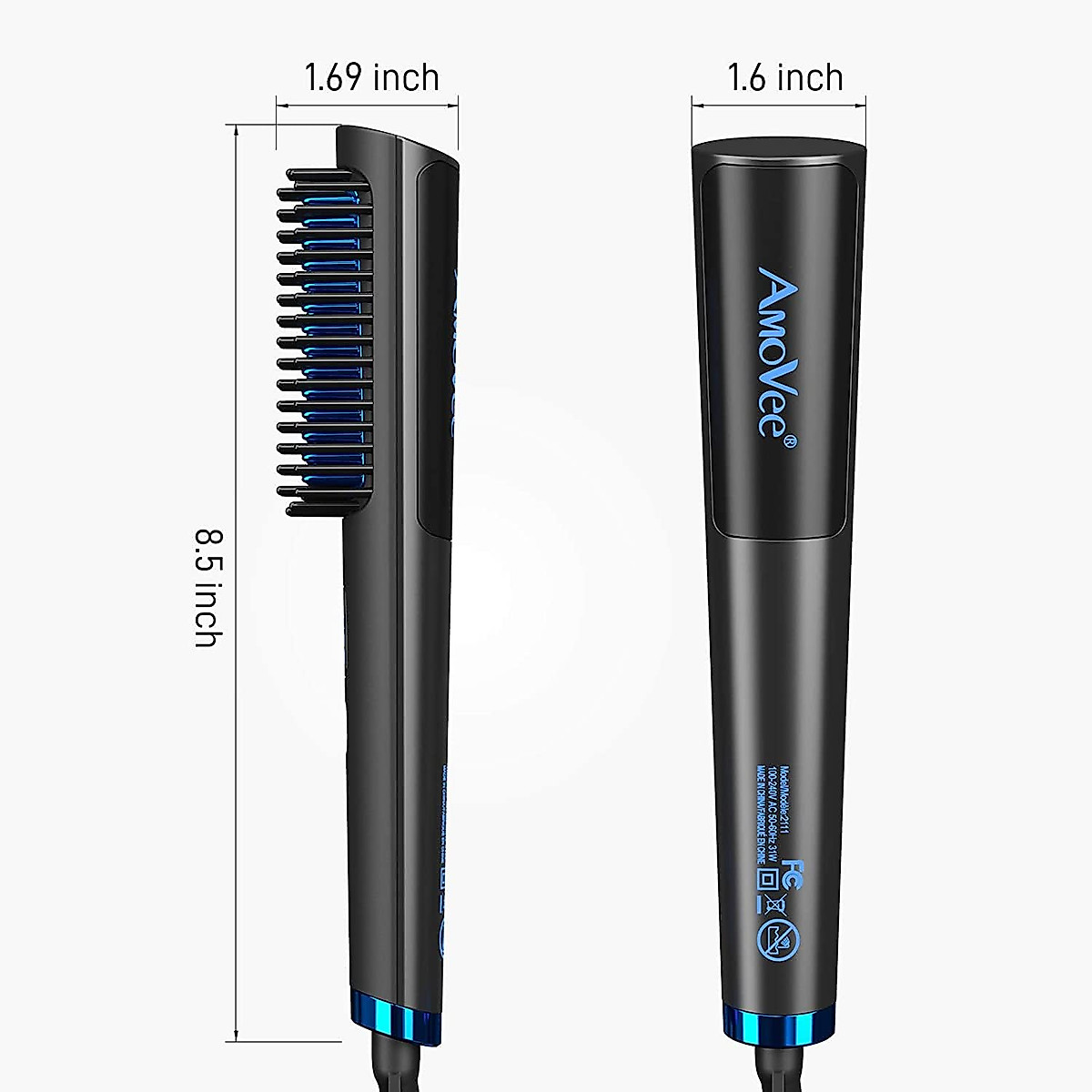 Hair Straightener Brush, AmoVee Ionic Hair Straightener Comb,15s Fast Heating up, 5 Adjustable Temp 285℉-430℉, Auto Temp Lock Straightening Brush for Home Salon, Dual Voltage, Blue
