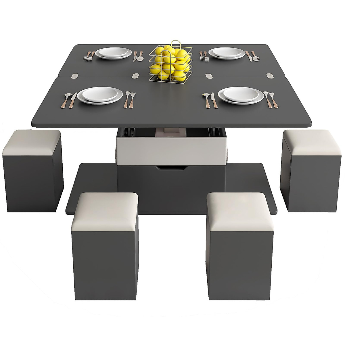 GraceNook 3 in 1 Mutifunction Coffee Table, Lift Top Coffee Table with 4 Seats, Coffee Table with Storage Lift Up Pu Stools,Coffee Table Converts to Dining Table for Living Room, Bedroom