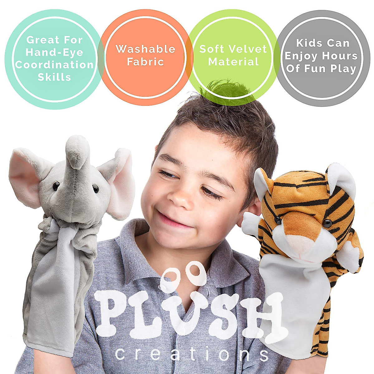 Hand Puppets for Kids, Set of 4 Plush Safari Animals Hand Puppet Toys for Boys and Girls, A Giraffe, Elephant, Tiger, Monkey, Perfect for Storytelling, Teaching, Preschool, Role-Play