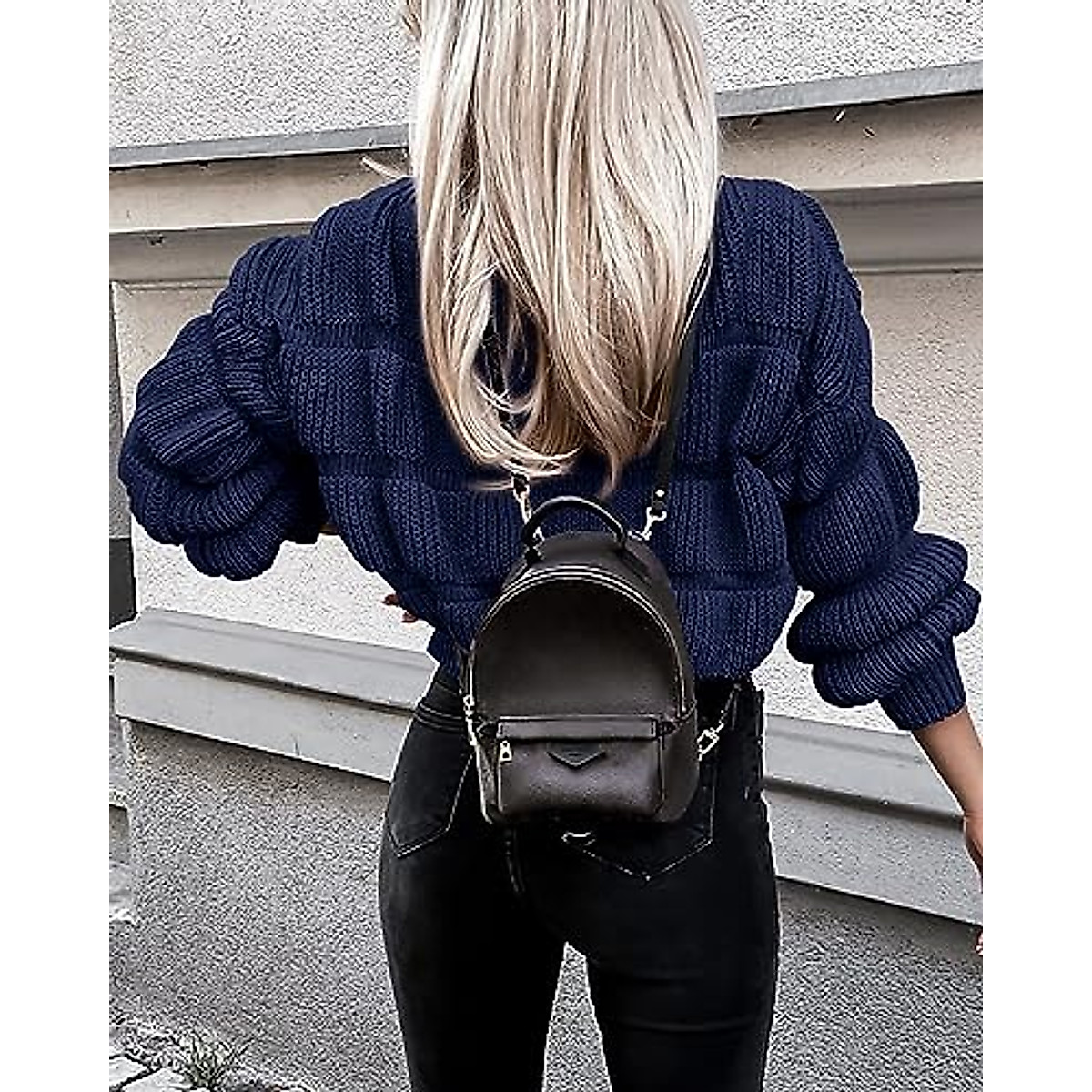 PRETTYGARDEN Women's 2024 Fall Sweaters Casual Crew Neck Pullover Long Puff Sleeve Loose Plain Chunky Knit Cute Blouse Tops (Navy,Large)