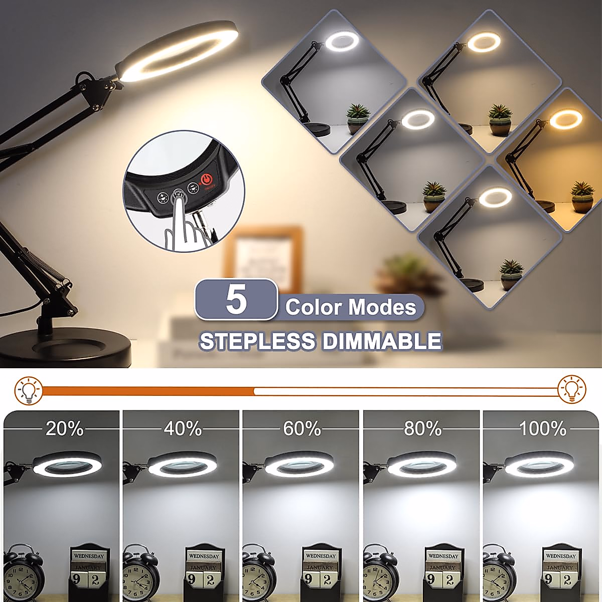 10X Magnifying Glass with Light, Krstlv Upgrade Button 5 Color Modes Stepless Dimmable 2-in-1 LED Lighted Desk Lamp & Clamp, Hands Free Magnifier with Light and Stand for Craft Hobby Repair Close Work