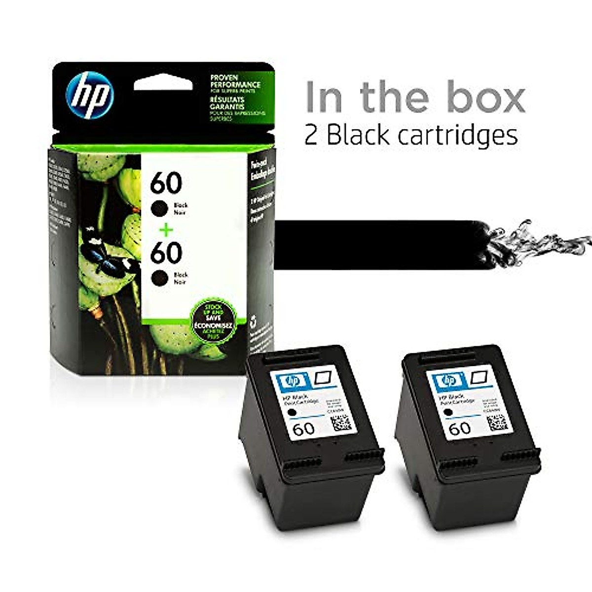 HP 60 | 2 Ink Cartridges | Black | Works with HP DeskJet D2500 Series, F2430, F4200 Series, F4400 Series, HP ENVY 100, 110, 111, 114, 120, HP Photosmart C4600 Series, C4700 Series, D110a | CC640WN