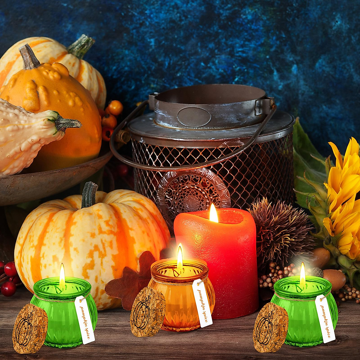 MTLEE 12 Pcs Pumpkin Candles Bulk Fall Thanksgiving Scented Candles Pumpkin Tealight Table Centerpieces with Signs Stickers for Thanksgiving Fall Room Home Decor