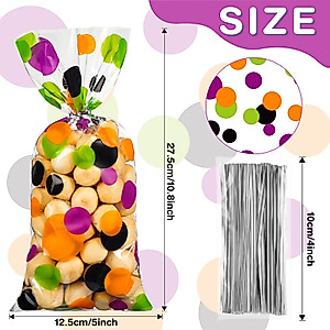 105 Pcs Cellophane Treat Bags, Halloween Themed Trick Polka Dot Stripes Goodie Candy Party Favor Gift Bags with 100 Twist Ties Halloween Decorations for Birthday Party Baby Shower Holiday Fall