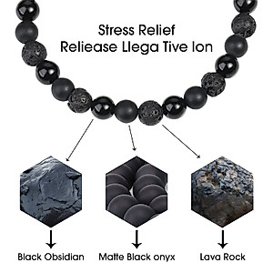 CARITATE Black Beaded Bracelets for Men Boys - 6mm Obsidian Onyx Lava Beads Mens Bracelet Set Mens Jewelry - Cool Anniversary Valentines Fathers Birthday Gifts for Him Boyfriend Husband Man Son Dad