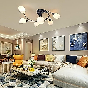 WEYUN Rustic Ceiling Lights Chandelier 6-Light Living Room Bedroom Office Pendant Lamp Fixture Modern Industrial Alabaster Glass Shades Ceiling Light Lamp for Dining Room