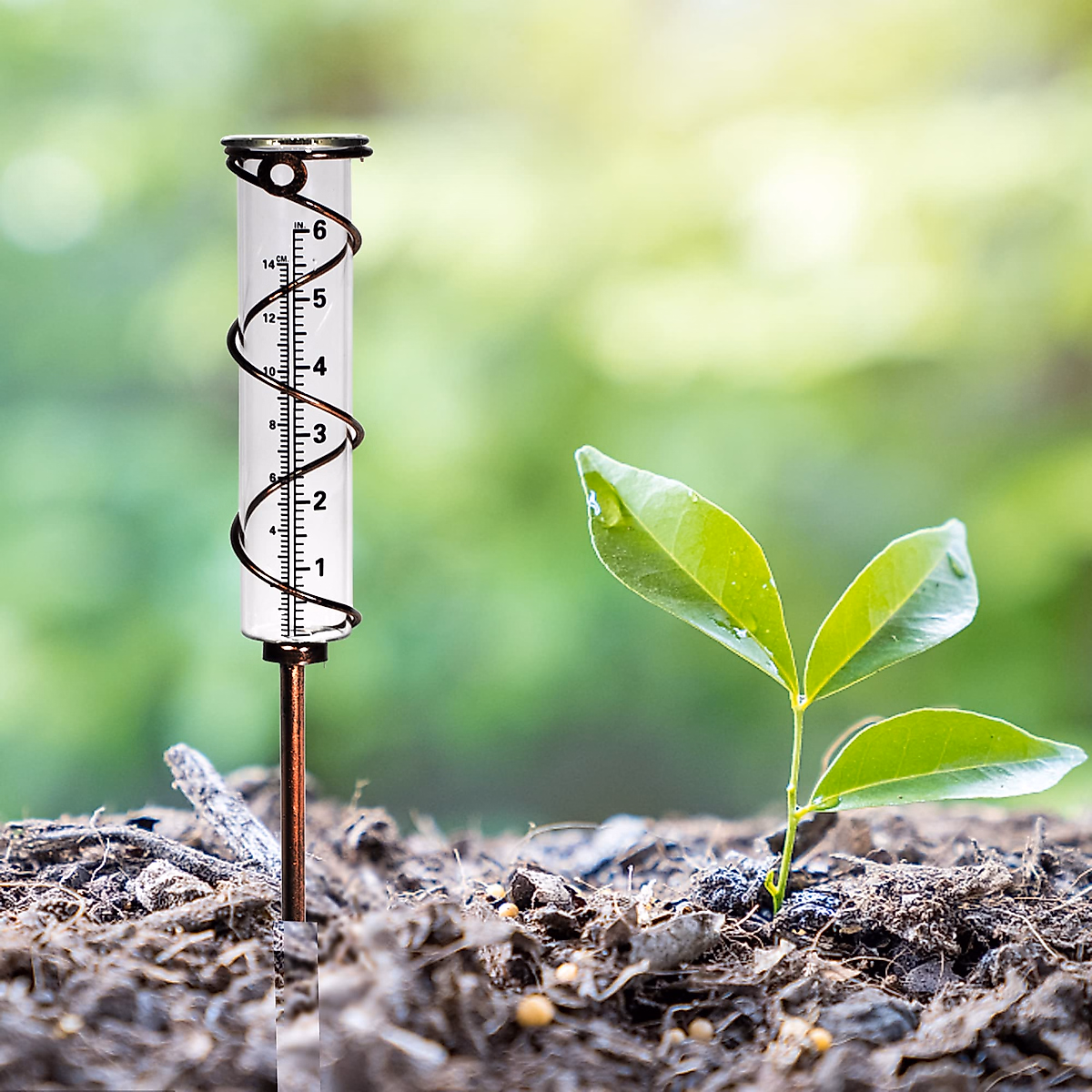 BIUWING Rain Gauge with Detachable Spiral Shap, Garden Rain Water Meter Measuring with Metal Frame, No Assembly Rain Measure Gauge for Yard Lawn Landscape (A)